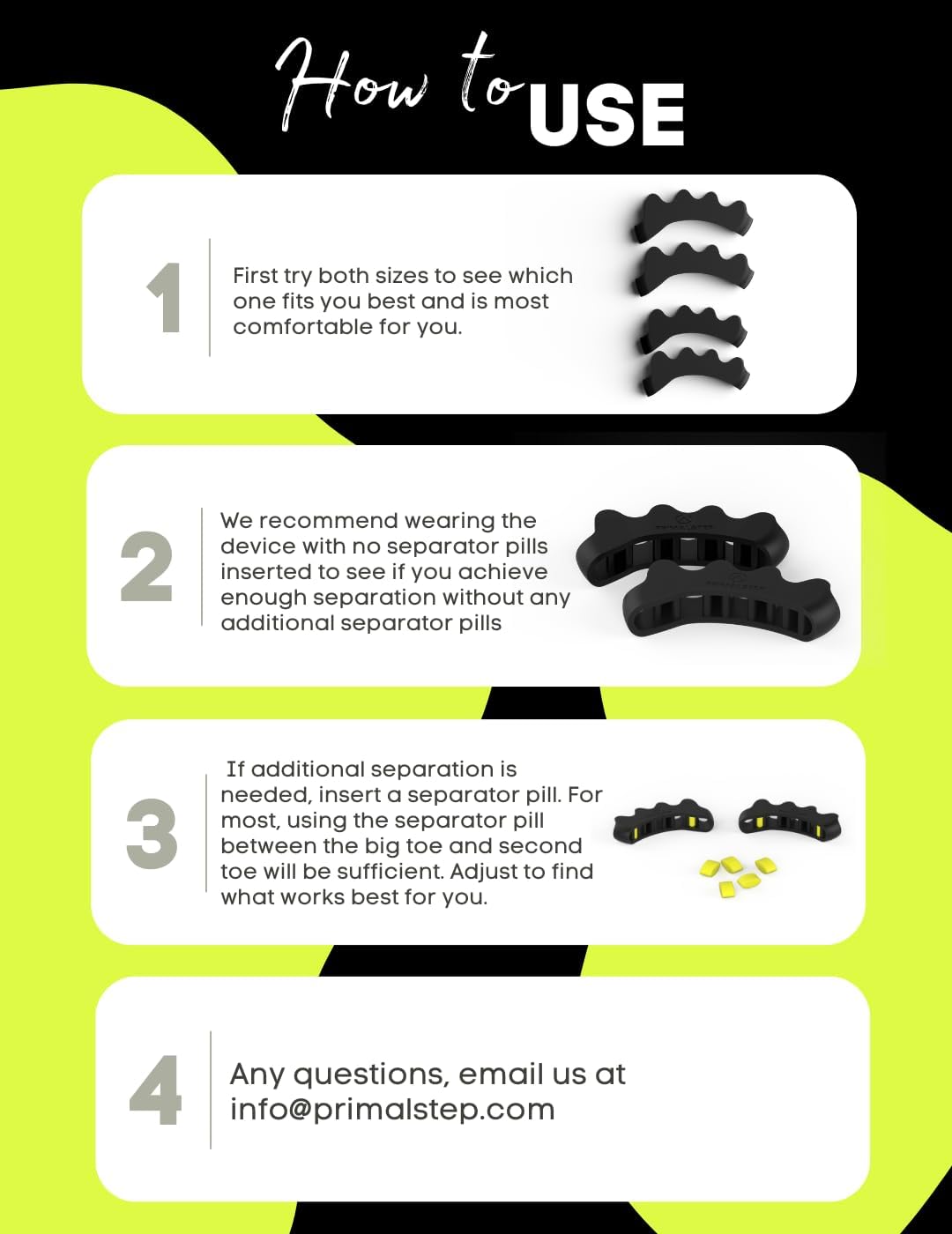 PrimalStep Fully Adjustable Toe Separators - 4 pack